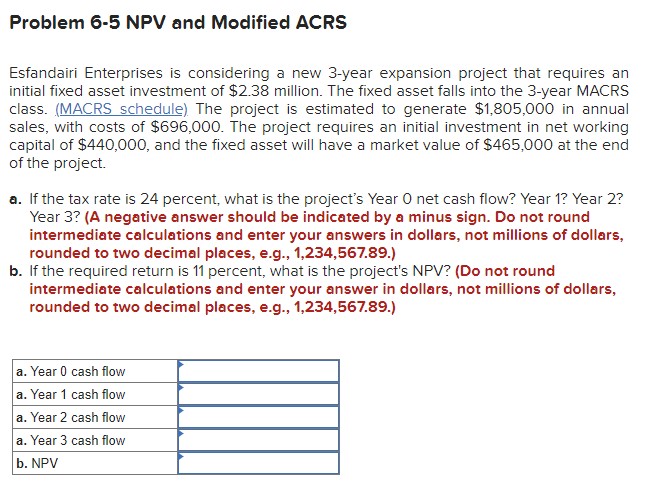 Solved Problem 6-5 ﻿NPV and Modified ACRSEsfandairi | Chegg.com