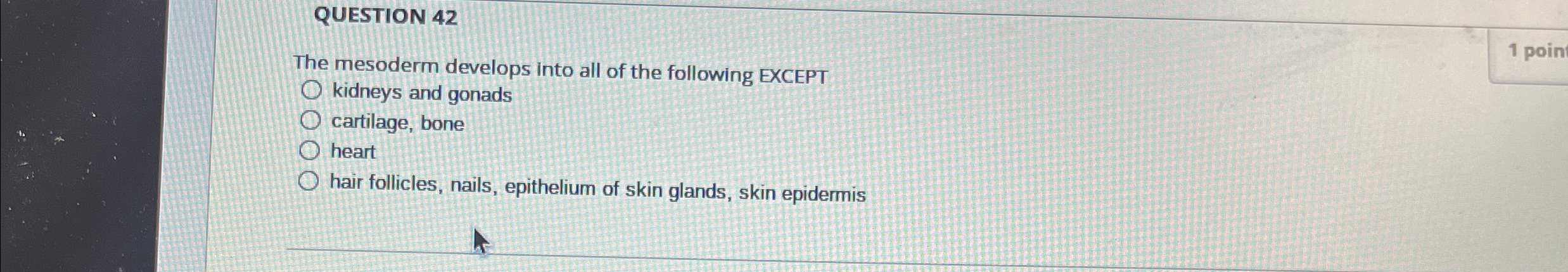 Solved QUESTION 42The mesoderm develops into all of the | Chegg.com