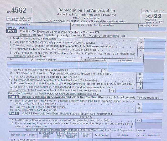 Use the following information to complete Form 4562 | Chegg.com