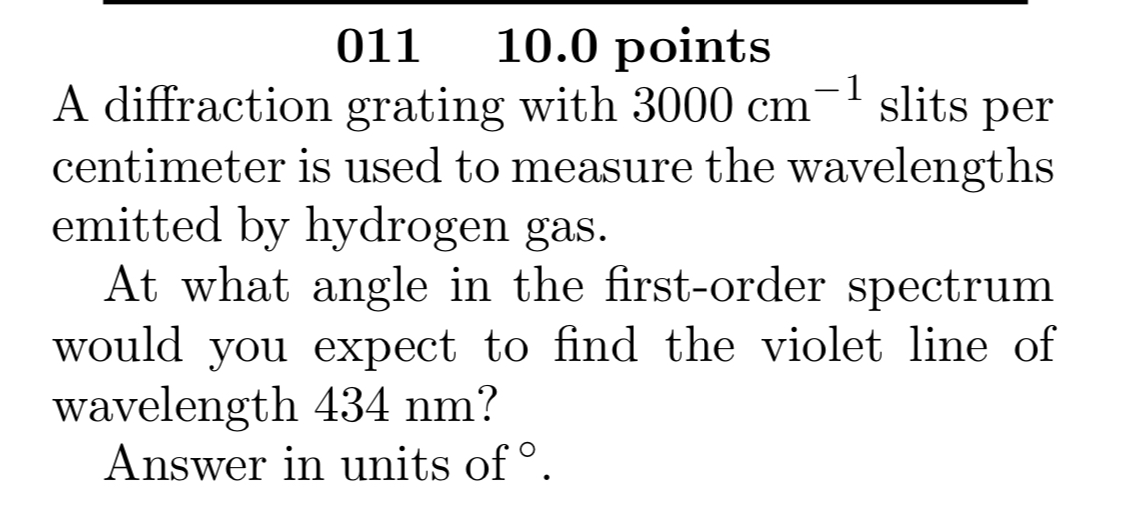 Solved 011,10.0 ﻿pointsA diffraction grating with 3000cm-1 | Chegg.com