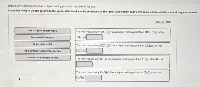 Solved Explain why each molecule has a higher melting point | Chegg.com