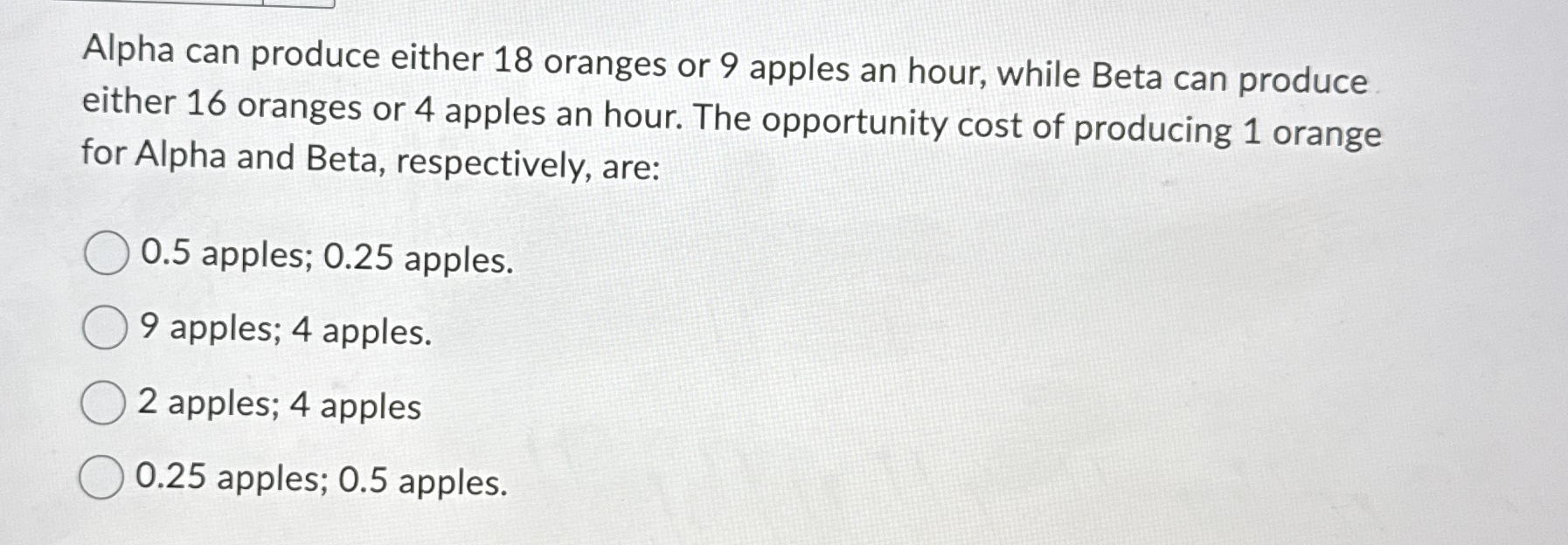 Solved Alpha can produce either 18 ﻿oranges or 9 ﻿apples an | Chegg.com