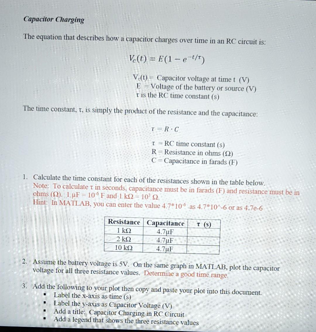Solved Capacitor Charging The equation that describes how a | Chegg.com