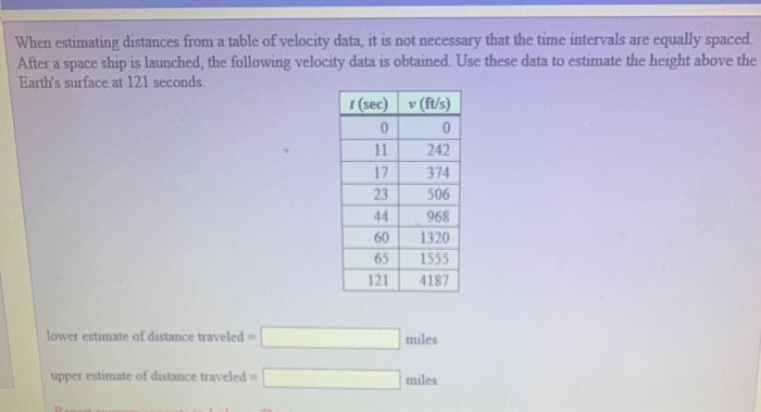 Solved When estimating distances from a table of velocity | Chegg.com
