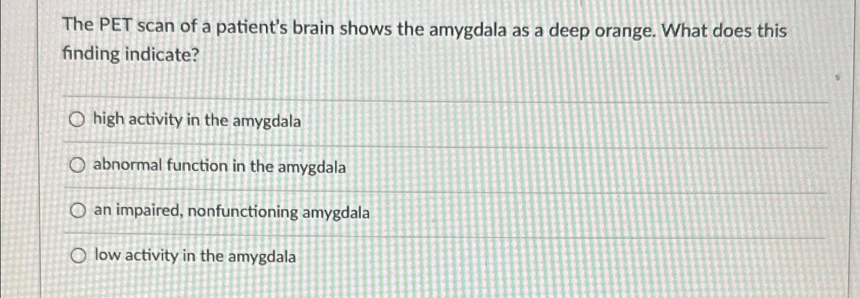 Solved The PET scan of a patient's brain shows the amygdala | Chegg.com