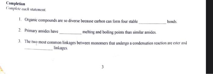 Solved Completion Complete each statement. 1. Organic | Chegg.com