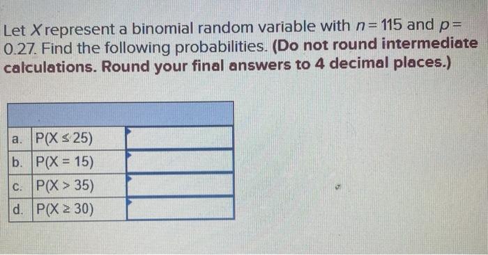 Solved Let X represent a binomial random variable with n = | Chegg.com