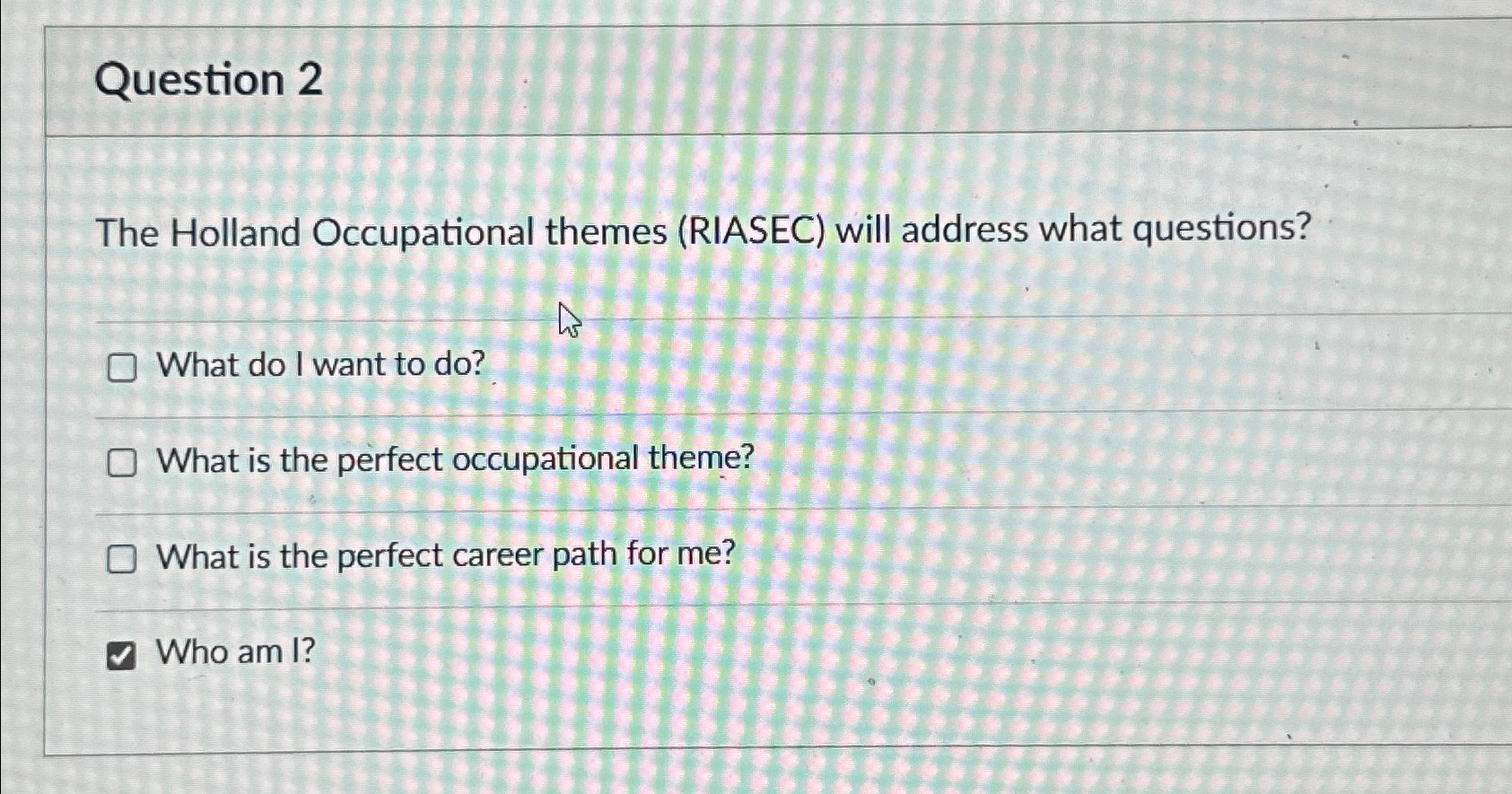 Solved Question 2The Holland Occupational themes (RIASEC) | Chegg.com