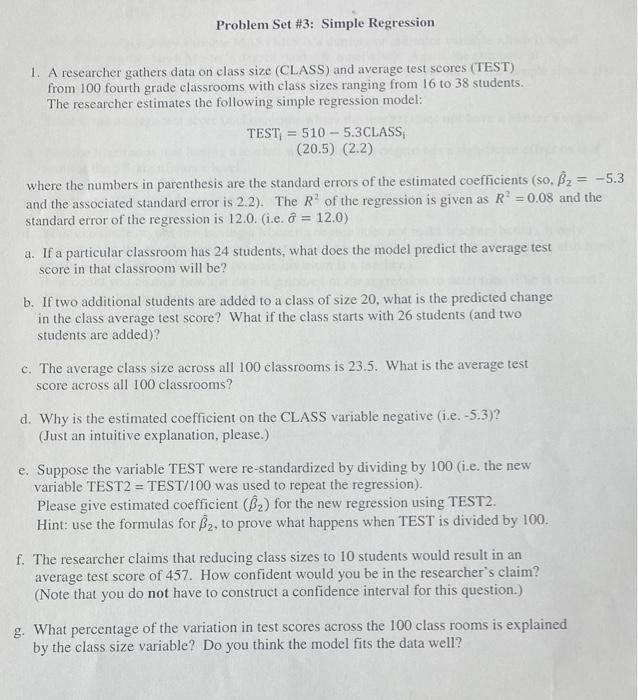 Solved Problem Set #3: Simple Regression 1. A researcher | Chegg.com