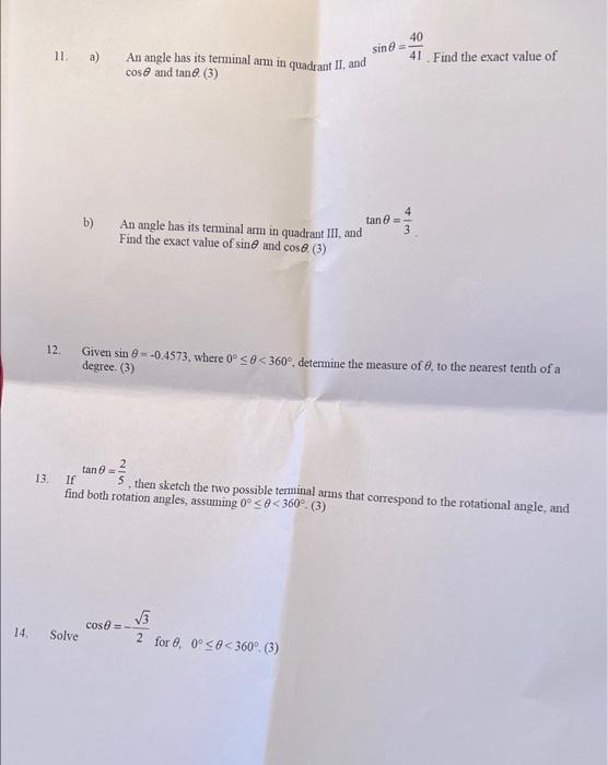 Solved 11. a) An angle has its terminal arm in quadrant II, | Chegg.com