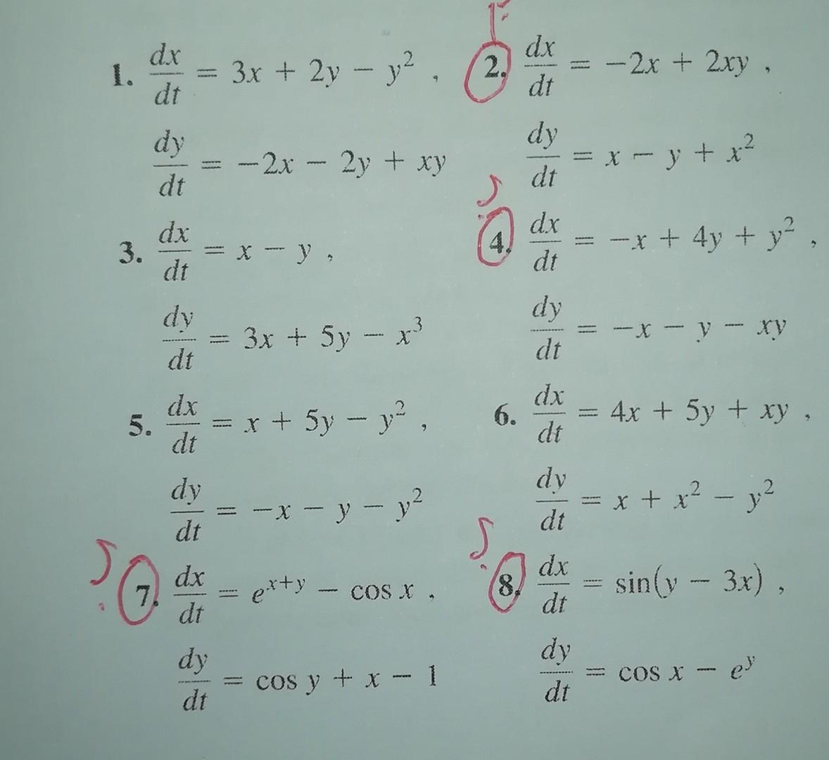 Solved dx dx dt 1. = 3x + 2y - ². 2 dt = -2x + 2xy, dy = - | Chegg.com