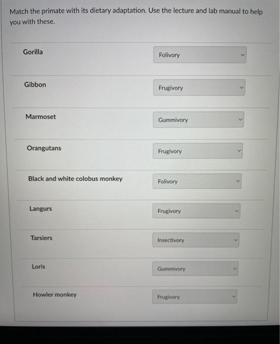 Match the primate with its dietary adaptation. Use | Chegg.com
