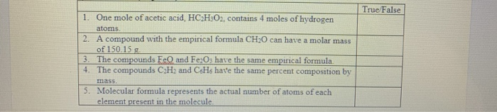 Solved True False 1. One mole of acetic acid, HC2H302, | Chegg.com
