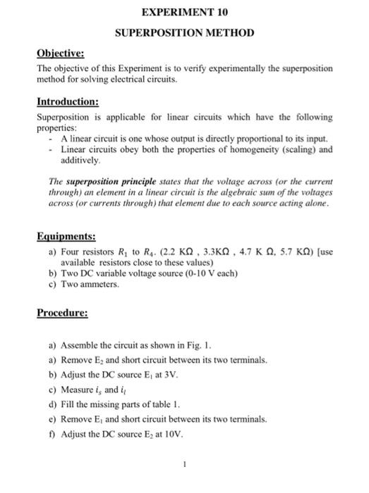 Solved EXPERIMENT 10 SUPERPOSITION METHOD Objective: The | Chegg.com