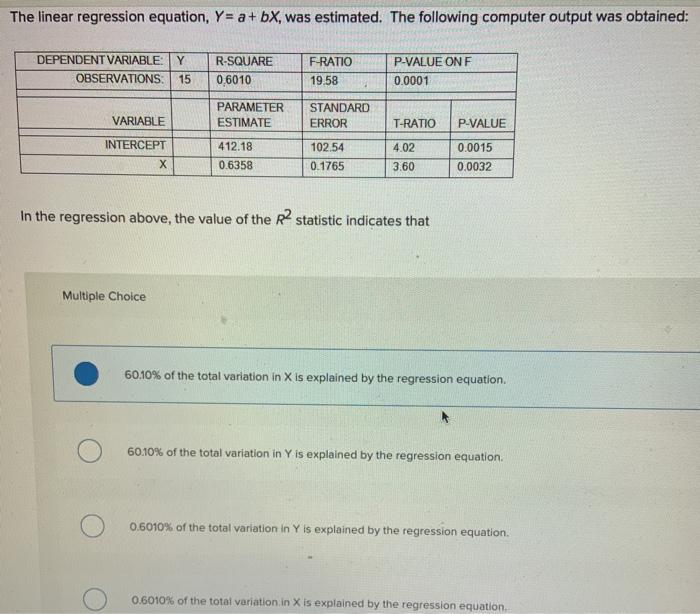 Solved The linear regression equation, Y= a +bX, was | Chegg.com