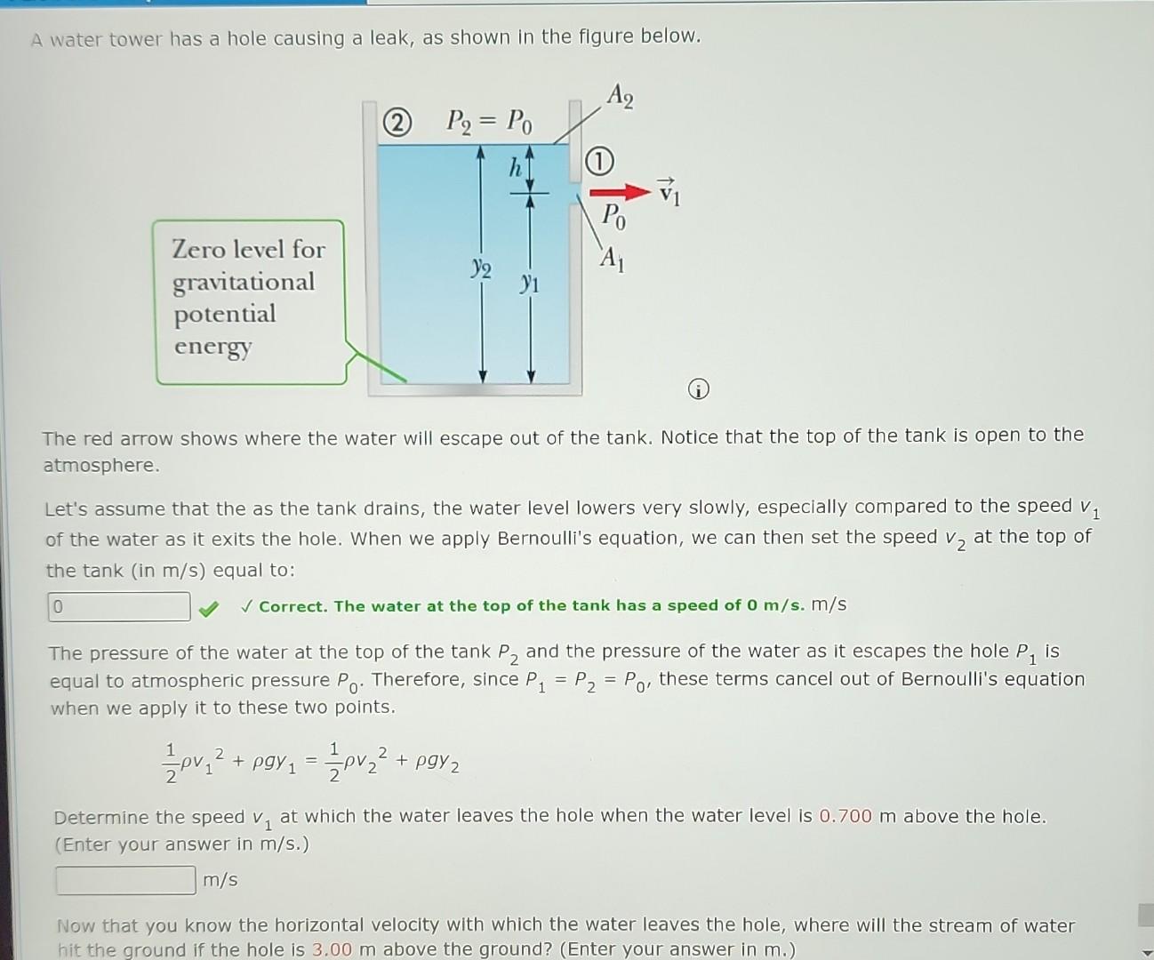 Solved A water tower has a hole causing a leak, as shown in | Chegg.com