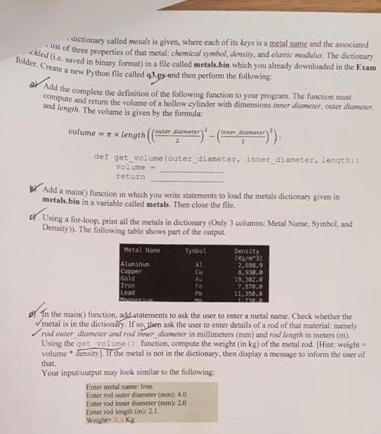 Solved A dictionary called metals is given, where ench of | Chegg.com