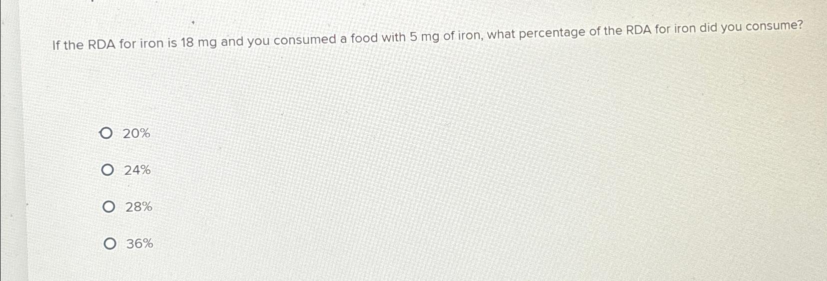 Solved If the RDA for iron is 18mg and you consumed a food | Chegg.com