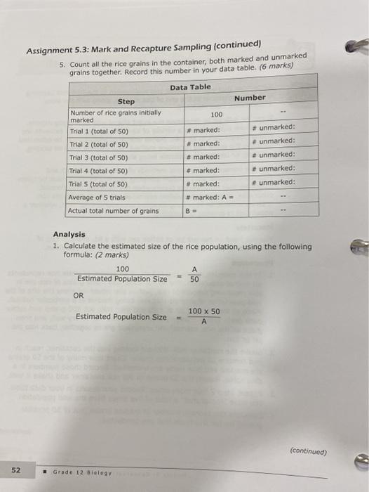 Solved Assignment 5.3: Mark and Recapture Sampling (20 | Chegg.com