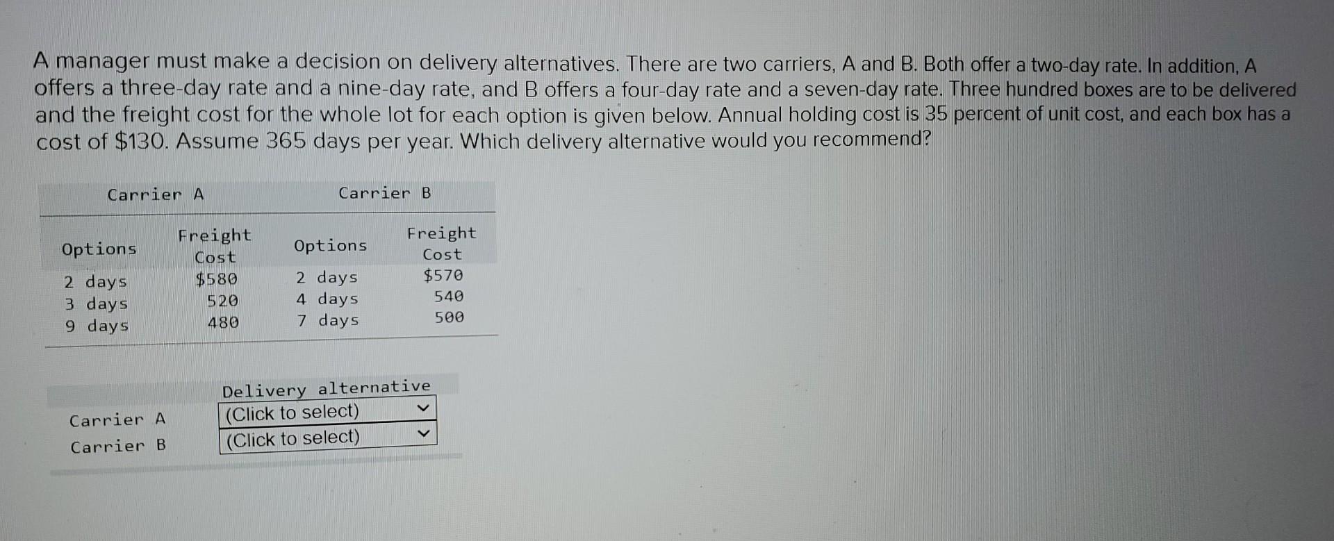 Solved A manager must make a decision on delivery | Chegg.com