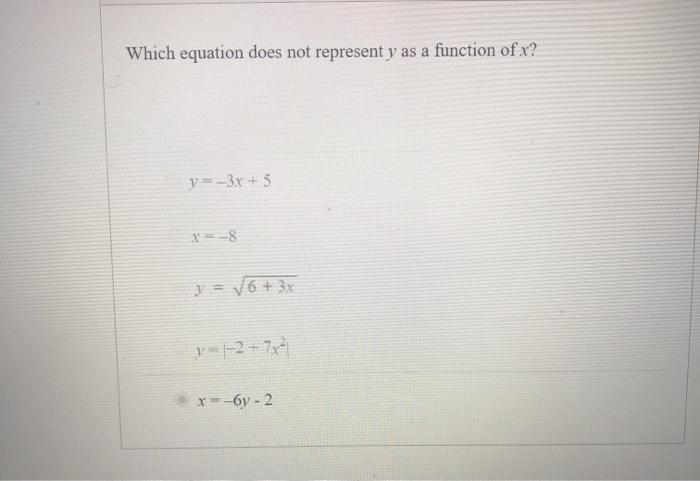 Solved Which equation does not represent y as a function of | Chegg.com