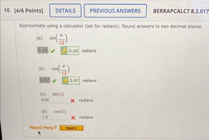 Solved Approximate using a calculator (set for radians). | Chegg.com