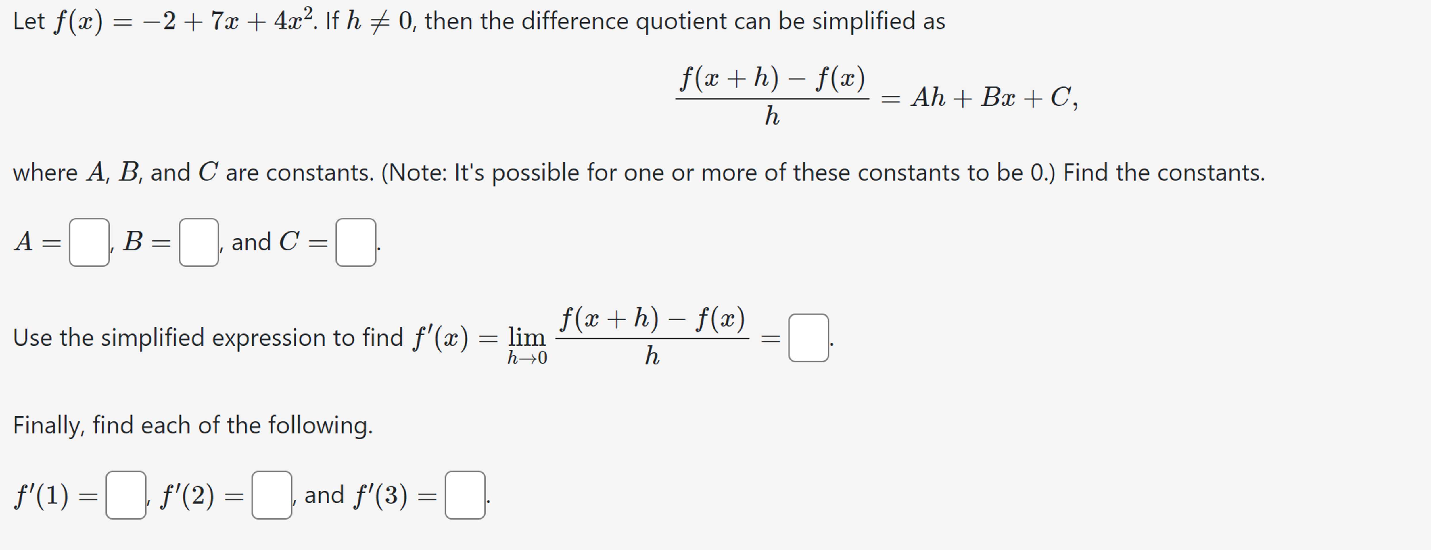 Solved Let f(x)=-2+7x+4x2. ﻿If h≠0, ﻿then the difference | Chegg.com