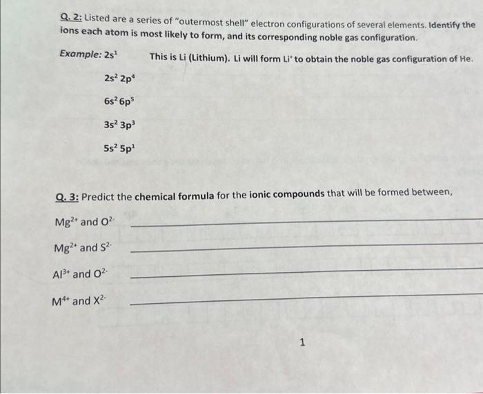 Solved Q. 2: Listed are a series of "outermost shell" | Chegg.com