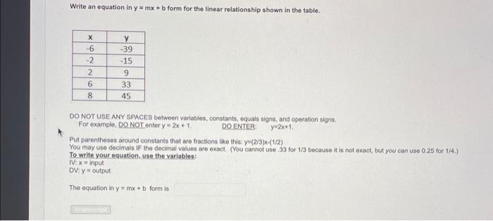 Solved Write an equation in y=mx+b form for the linear | Chegg.com