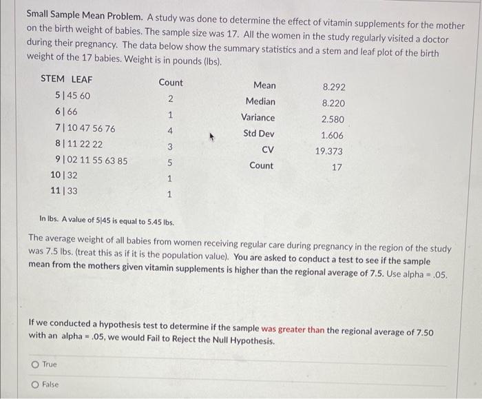 Solved Small Sample Mean Problem. A study was done to | Chegg.com