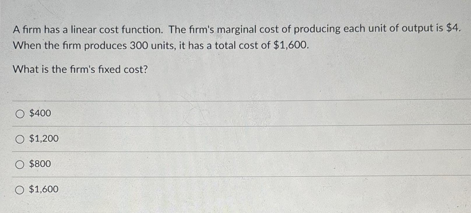Solved A firm has a linear cost function. The firm's | Chegg.com