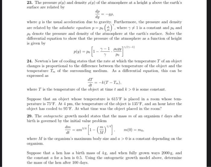 Solved 23. The pressure p(y) and density ρ(y) of the | Chegg.com