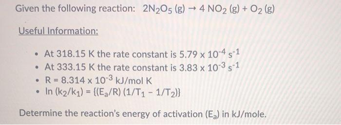 Solved Given the following reaction: 2N205 (g) → 4NO2 (g) + | Chegg.com