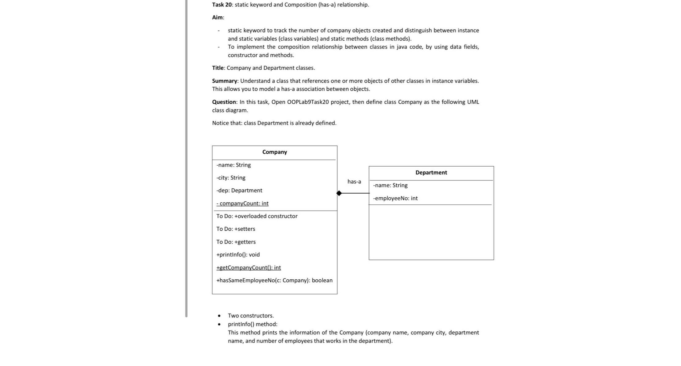 Solved Task 20: static keyword and Composition (has-a) | Chegg.com