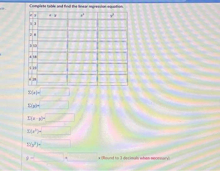 Solved 5/23- S Complete table and find the linear regression | Chegg.com