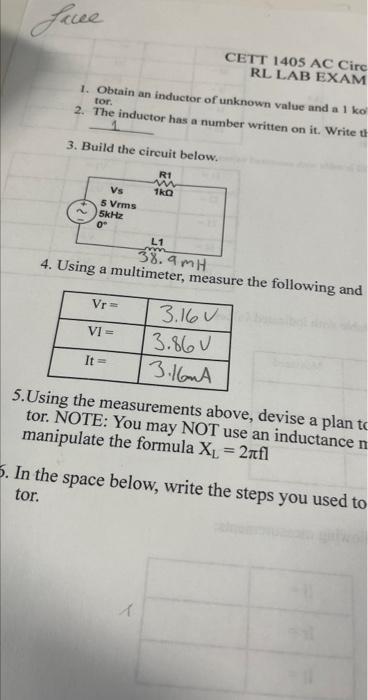 Solved 1. Obtain an inductor of unknown value and a 1ko 2. | Chegg.com