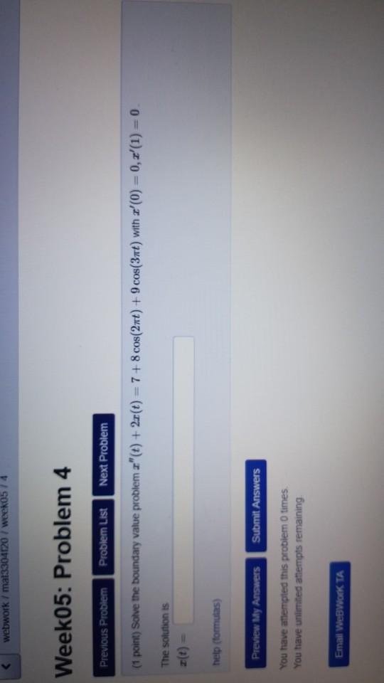 Solved webwork / mat3304120 / week05 / 4 Week05: Problem 4 | Chegg.com