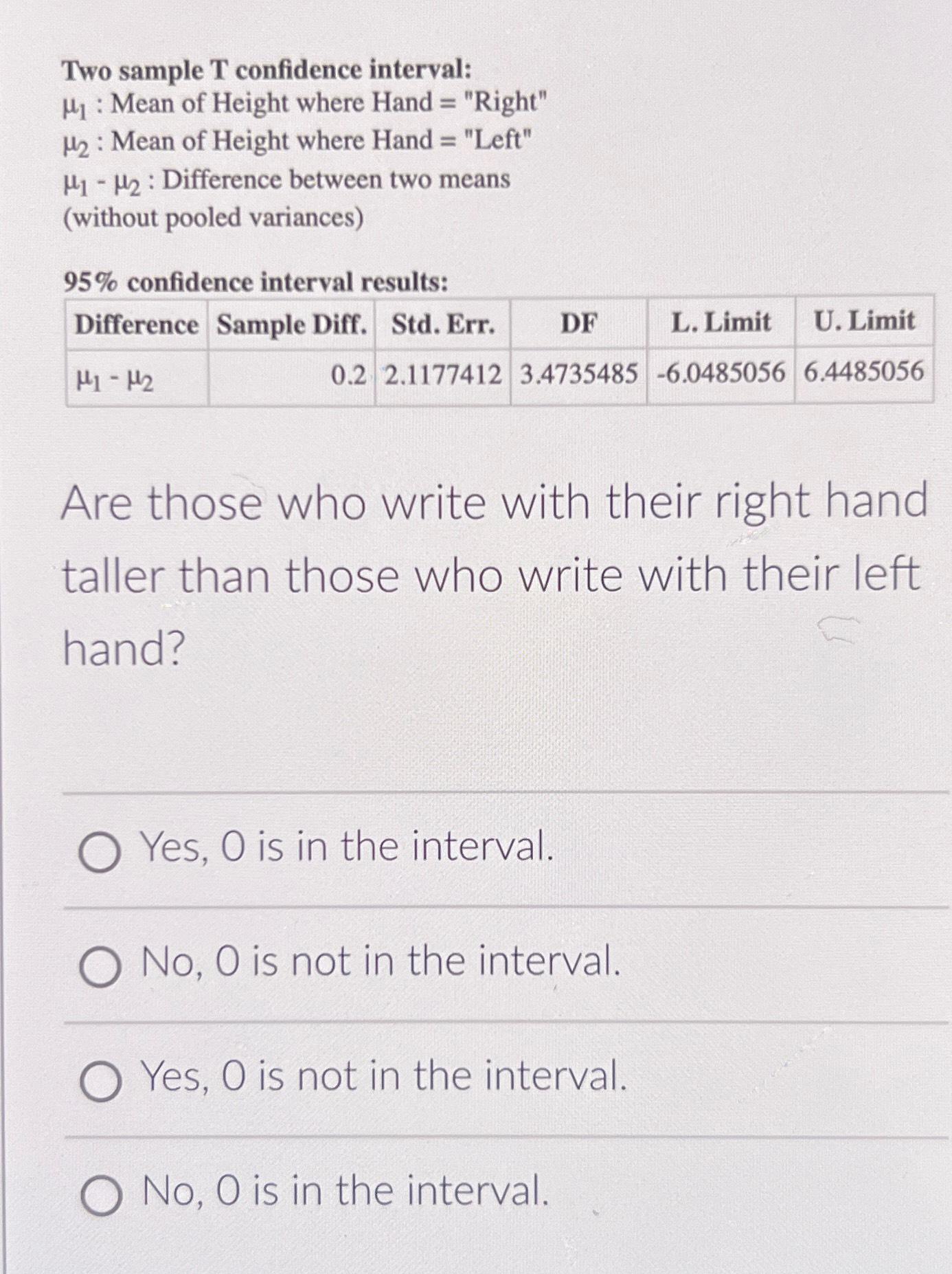 Solved Two sample T confidence interval:μ1 ﻿: Mean of Height | Chegg.com