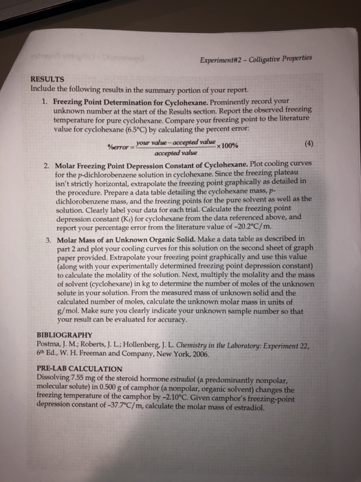 Solved Experiment#2 - Colligative Properties RESULTS Include | Chegg.com