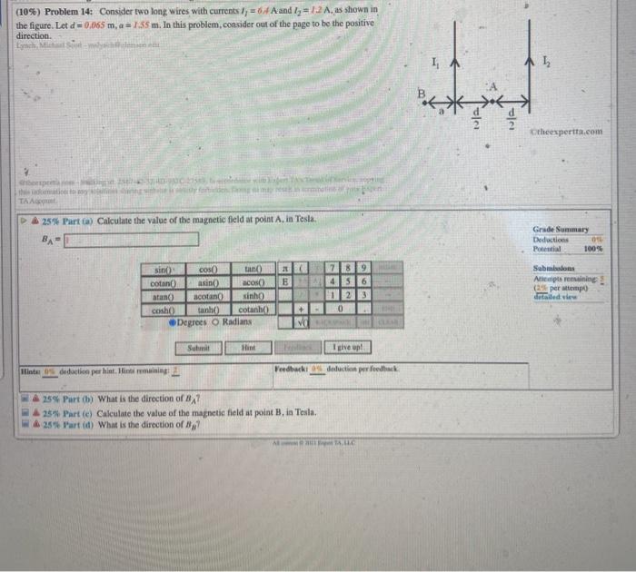 Solved (10%) Problem 14: Consider two long wires with | Chegg.com