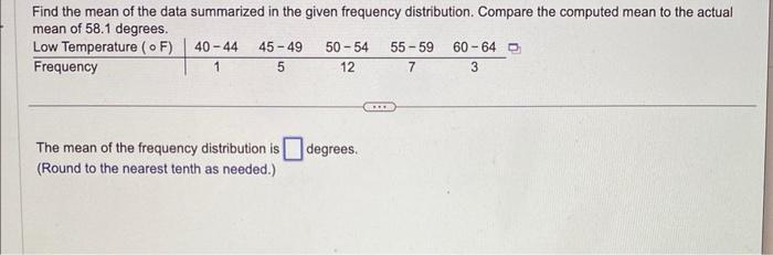 Solved Find the mean of the data summarized in the given | Chegg.com