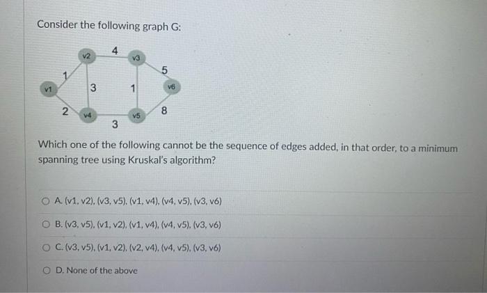 Solved Consider the following graph G: 4 V2 v3 5 v1 3 VE 2 8 | Chegg.com