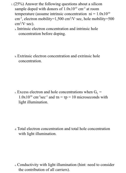 Solved temperature (assume intrinsic concentration | Chegg.com