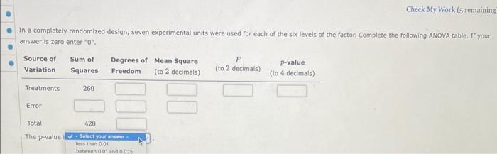 Solved In a completely randomized design, seven experimental | Chegg.com