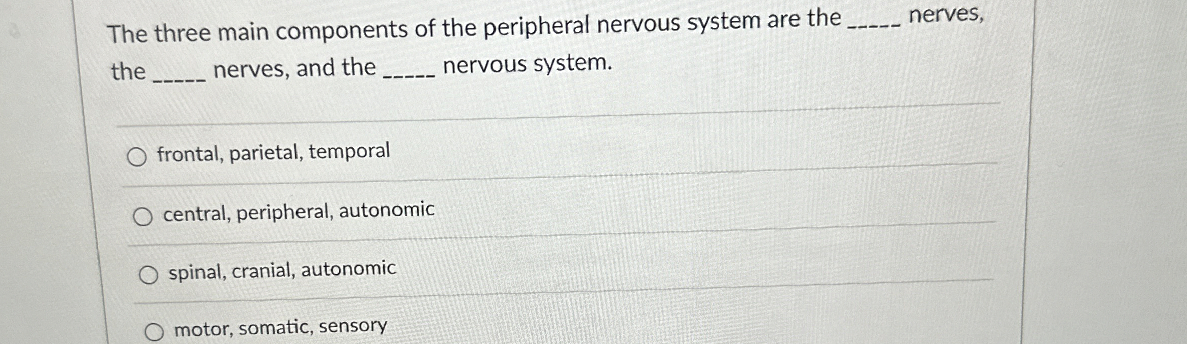 Solved The three main components of the peripheral nervous | Chegg.com