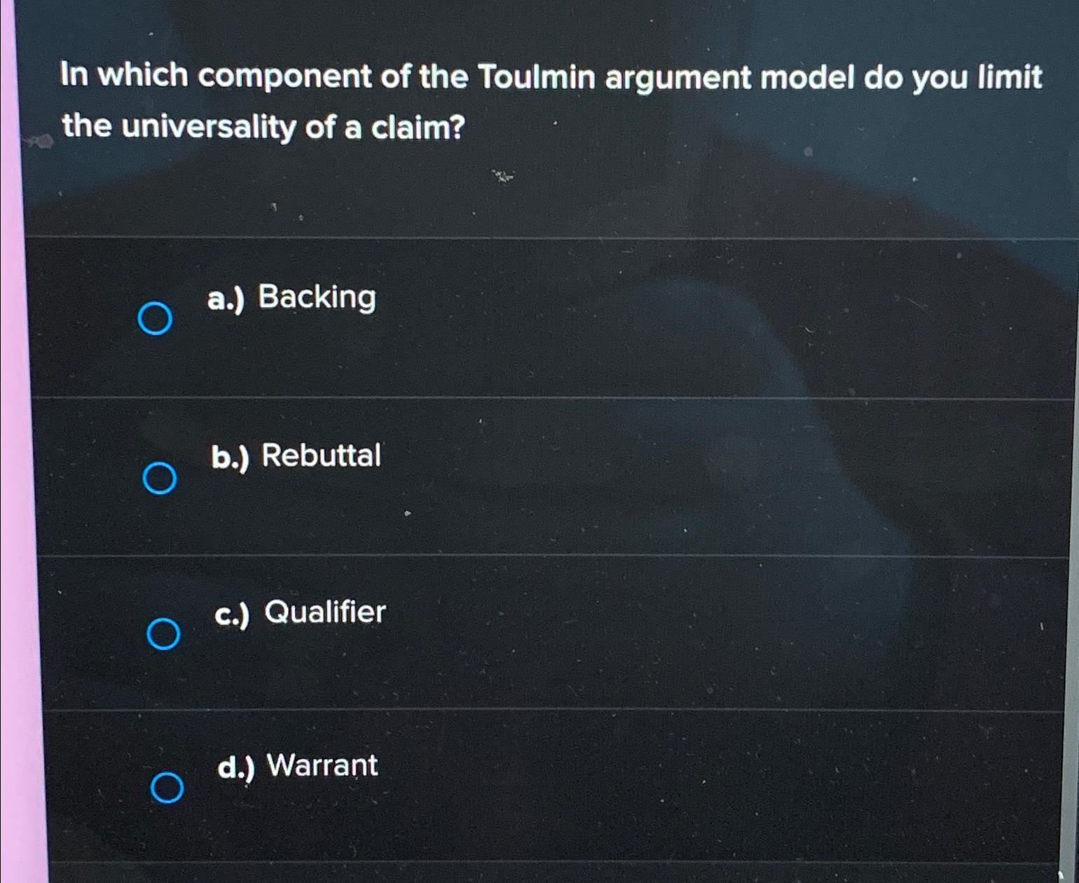 Solved In which component of the Toulmin argument model do | Chegg.com