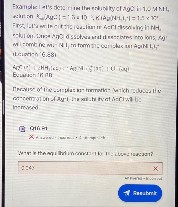Solved Example: Let's determine the solubility of AgCl in | Chegg.com