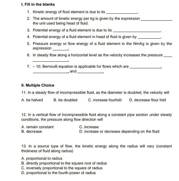 Solved 1. Fill in the blanks 1. Kinetic energy of fluid | Chegg.com
