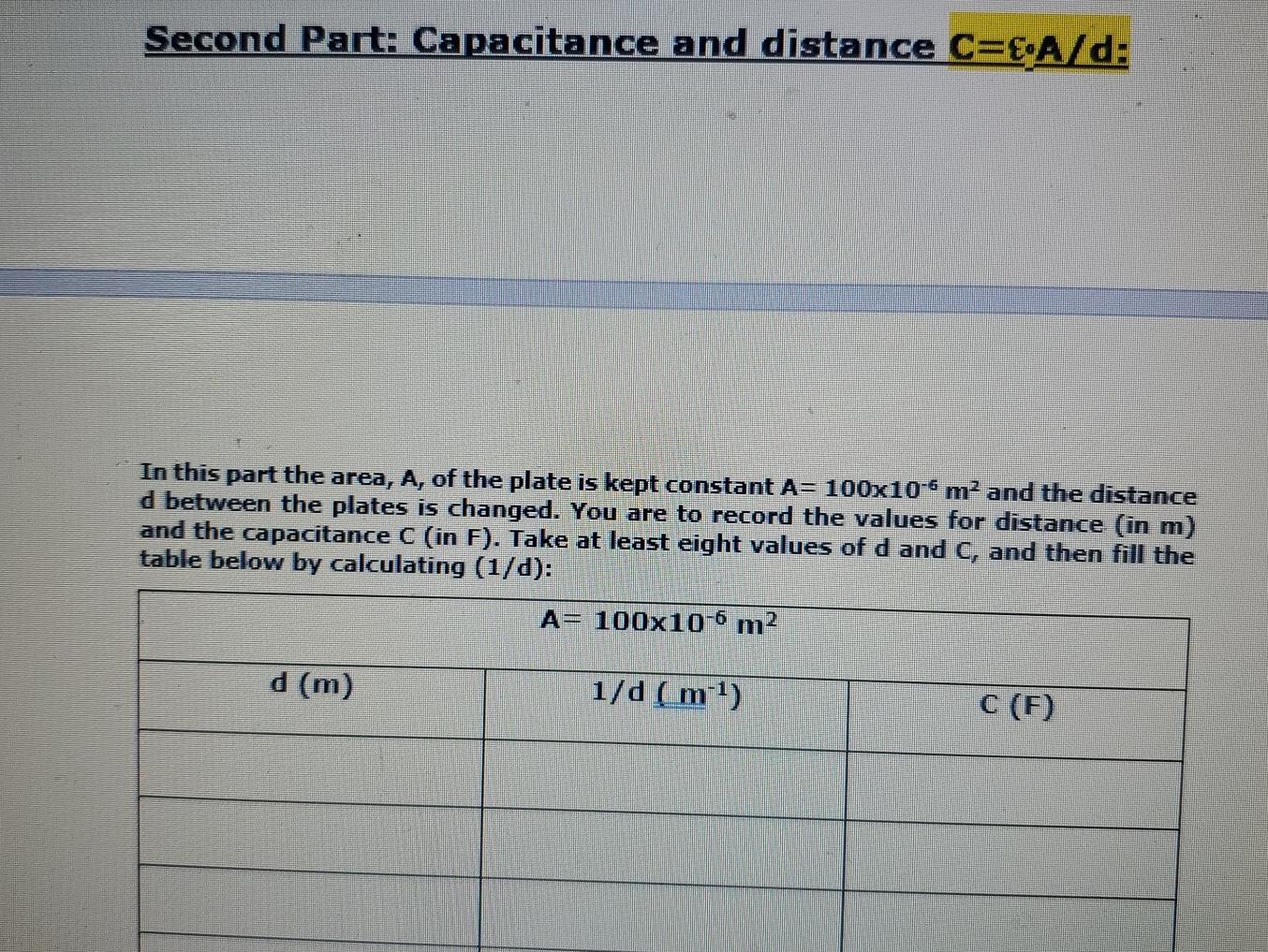 In this part the distance, d, between the plates is | Chegg.com