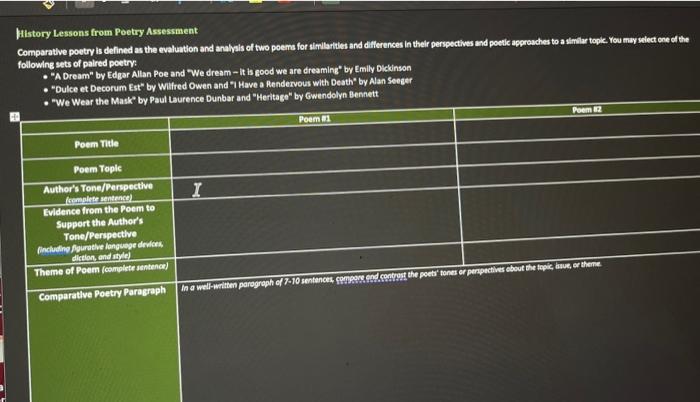 Hilstory Lessons from Poetry Assessment Comparative | Chegg.com